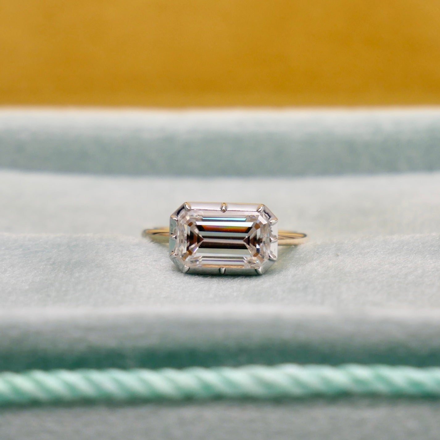 Georgian Victorian Emerald Cut Moissanite Button Back Collet Ring in ...