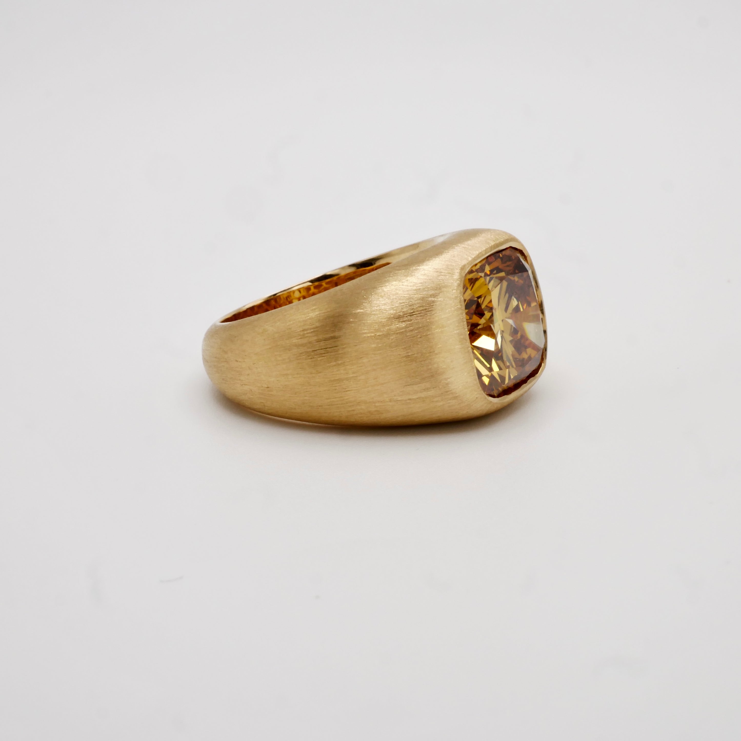 6 Carat Cushion Cut Lab Grown Champagne Diamond Puff Ring in 18K Yellow ...