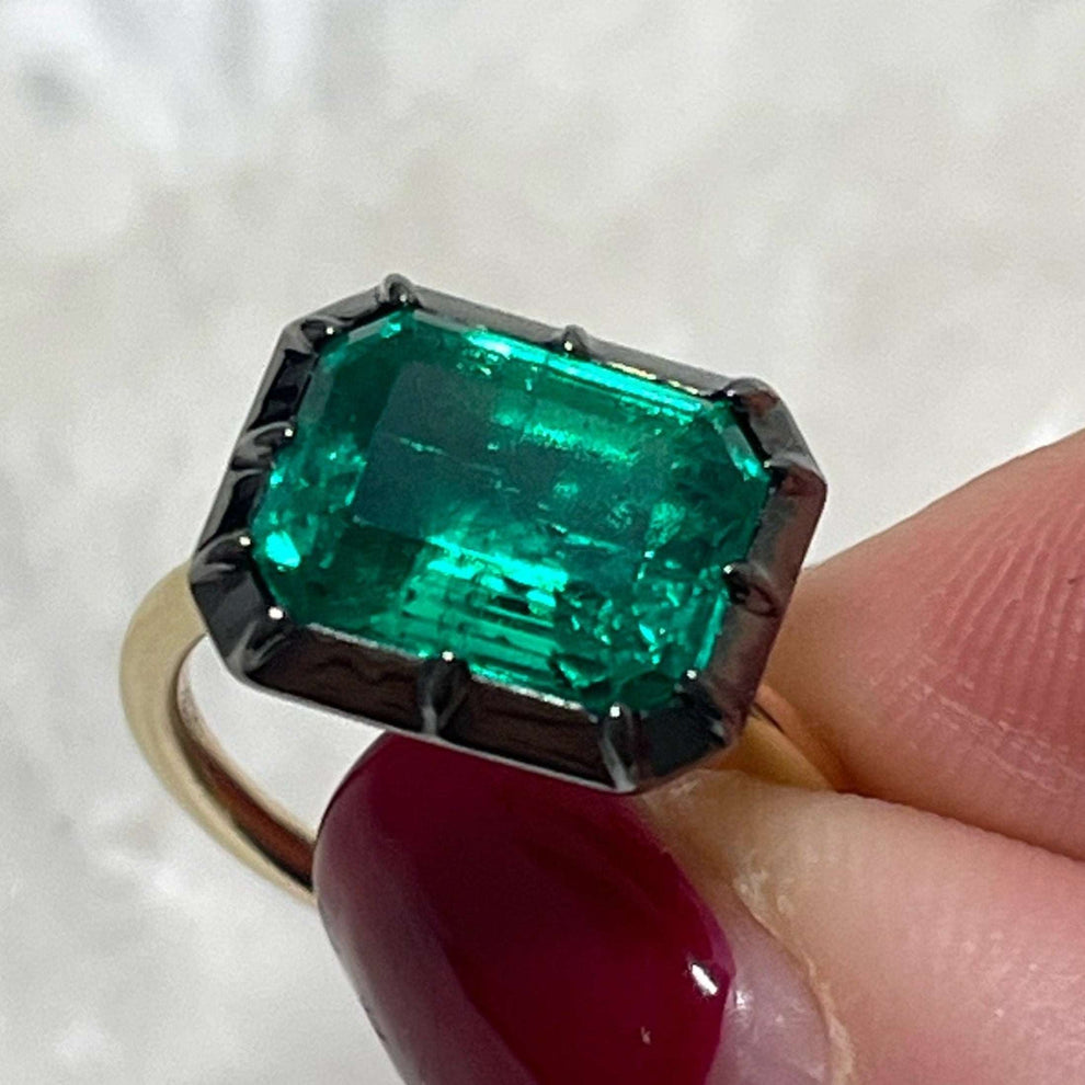 Georgian Victorian Emerald Cut Emerald Button Back Collet Ring